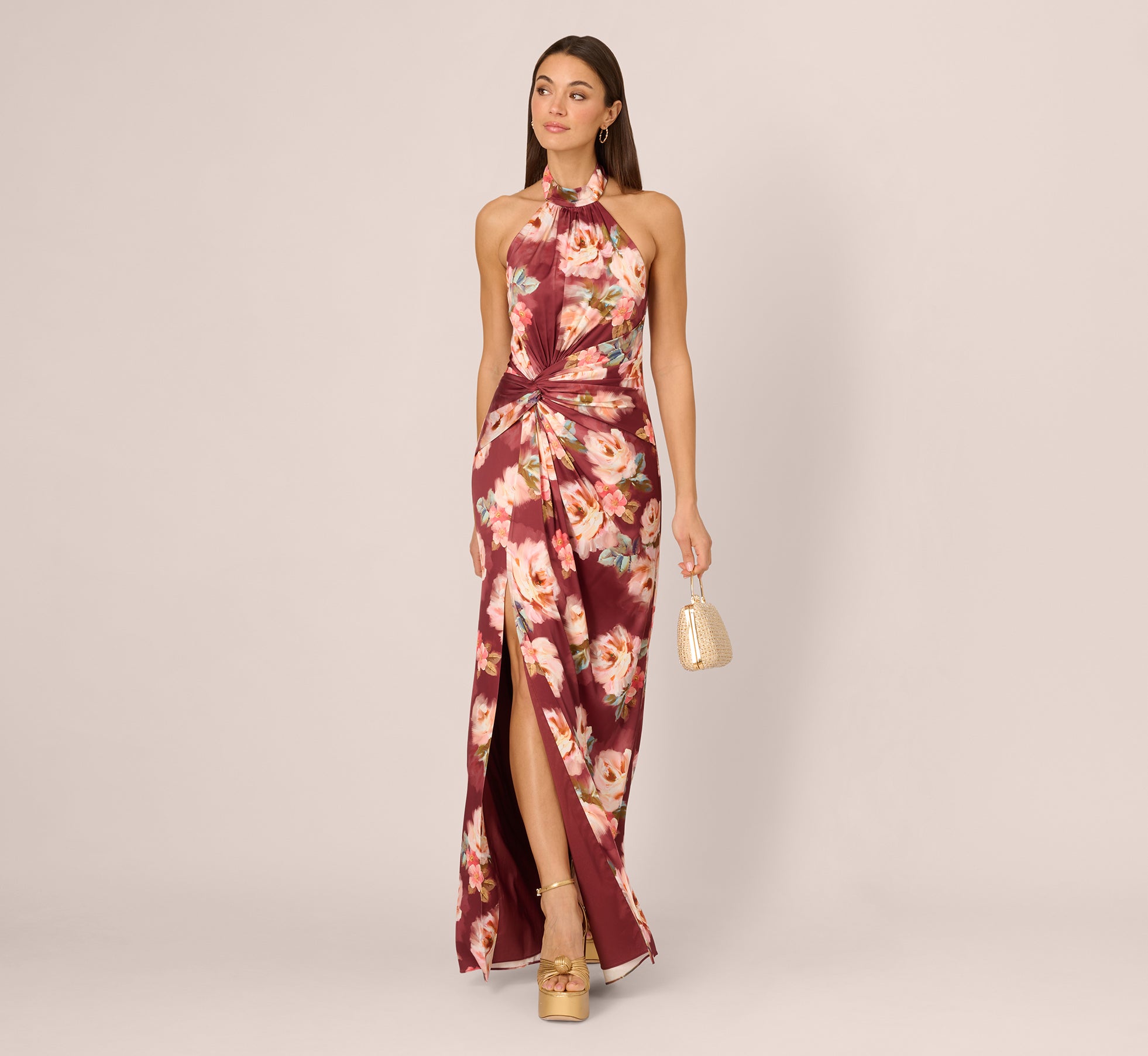 ADRIANNA PAPELL Floral Satin Twist Waist Halter Gown